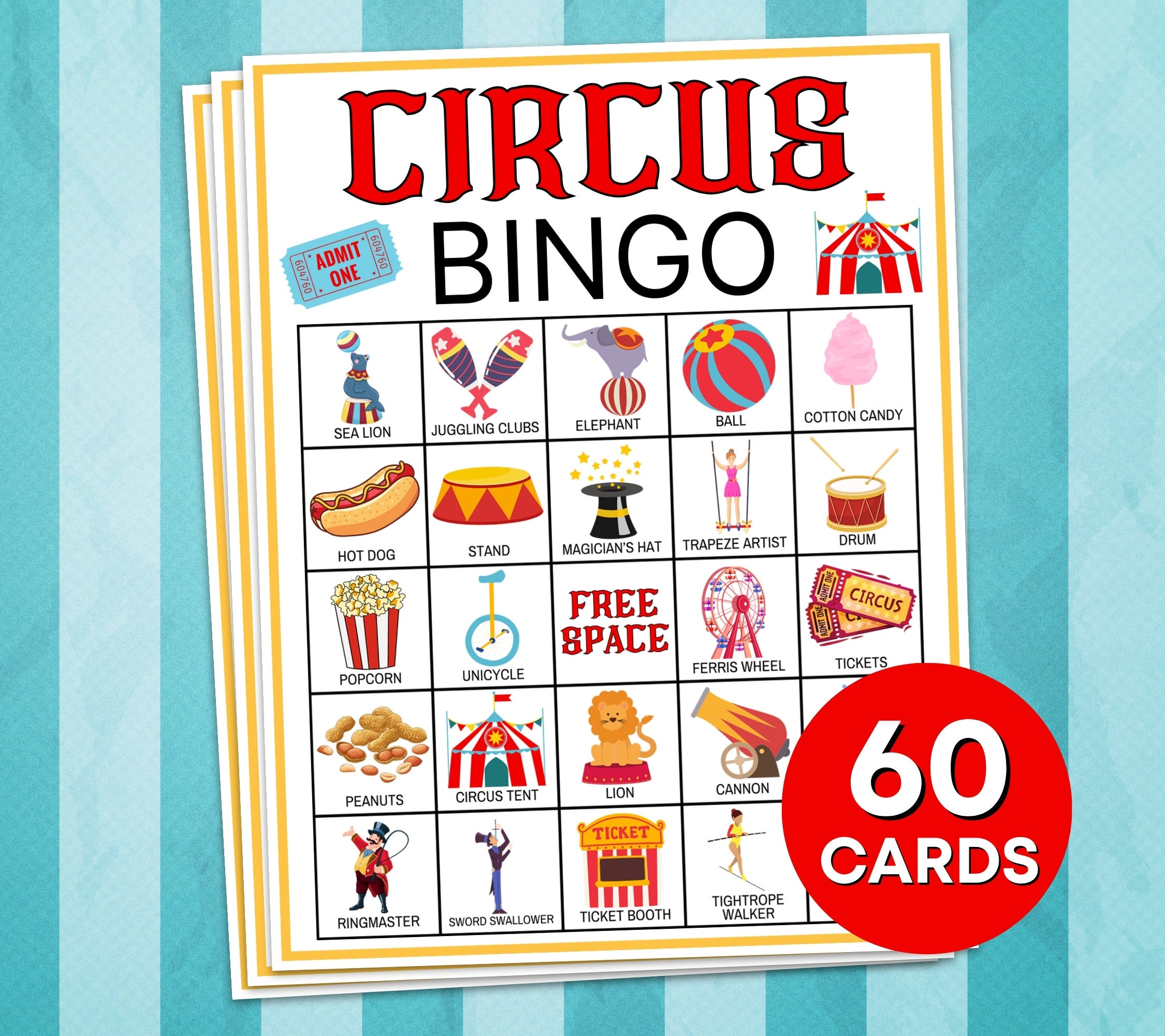 60 Circus Bingo Cards Printable Game, Circus Party Bingo Game Boards ...