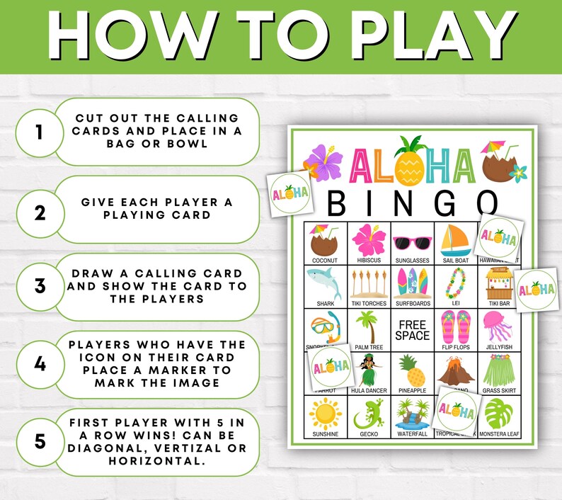 90 Aloha Bingo Cards Printable Game, Luau Hawaiian Birthday Party Bingo ...