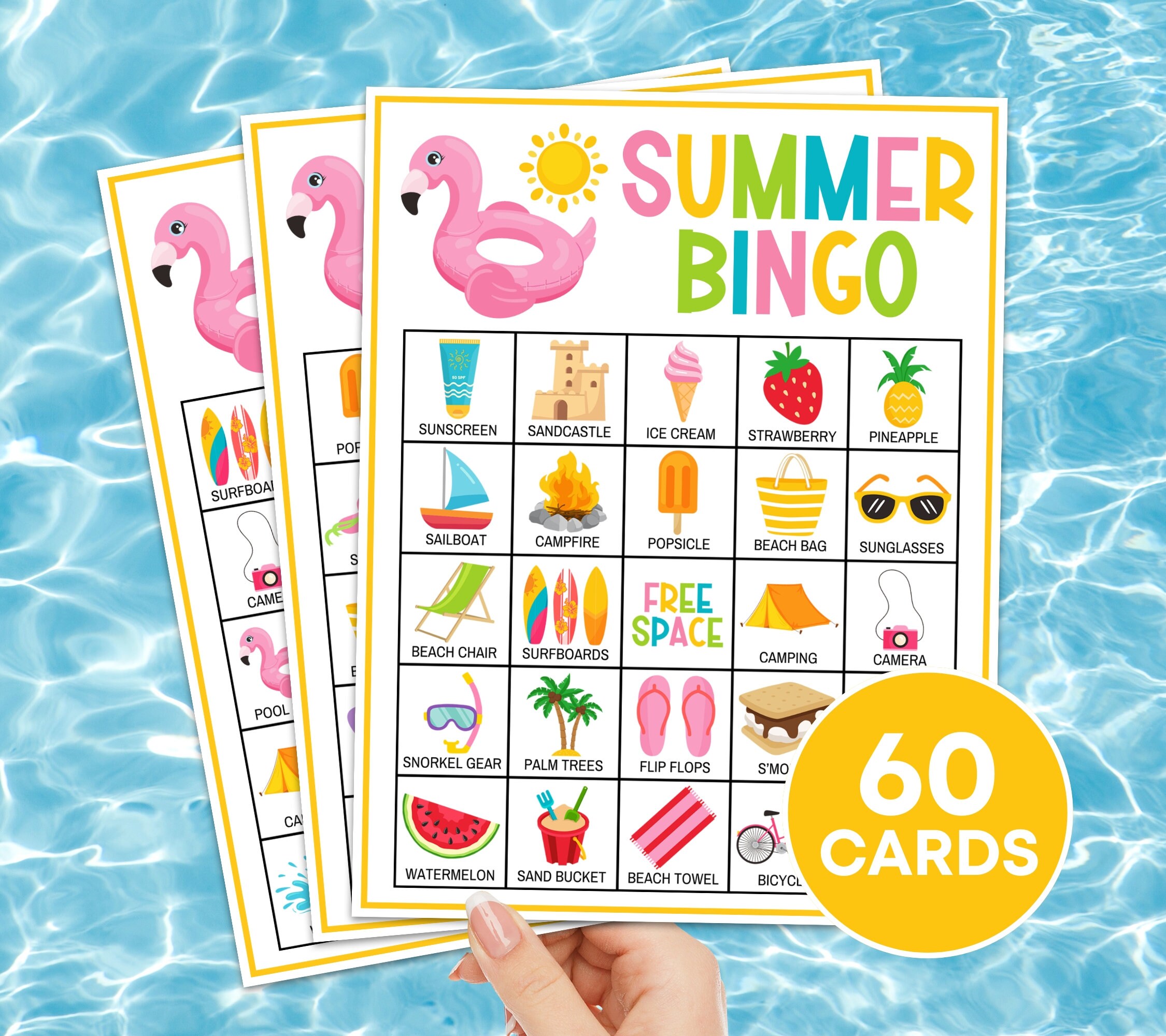 60 Summer Bingo Cards Printable Game, Summer Birthday Party Bingo Game ...