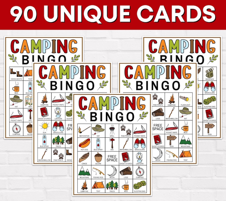 90 Camping Bingo Cards Printable Game, Camping Party Bingo Game ...