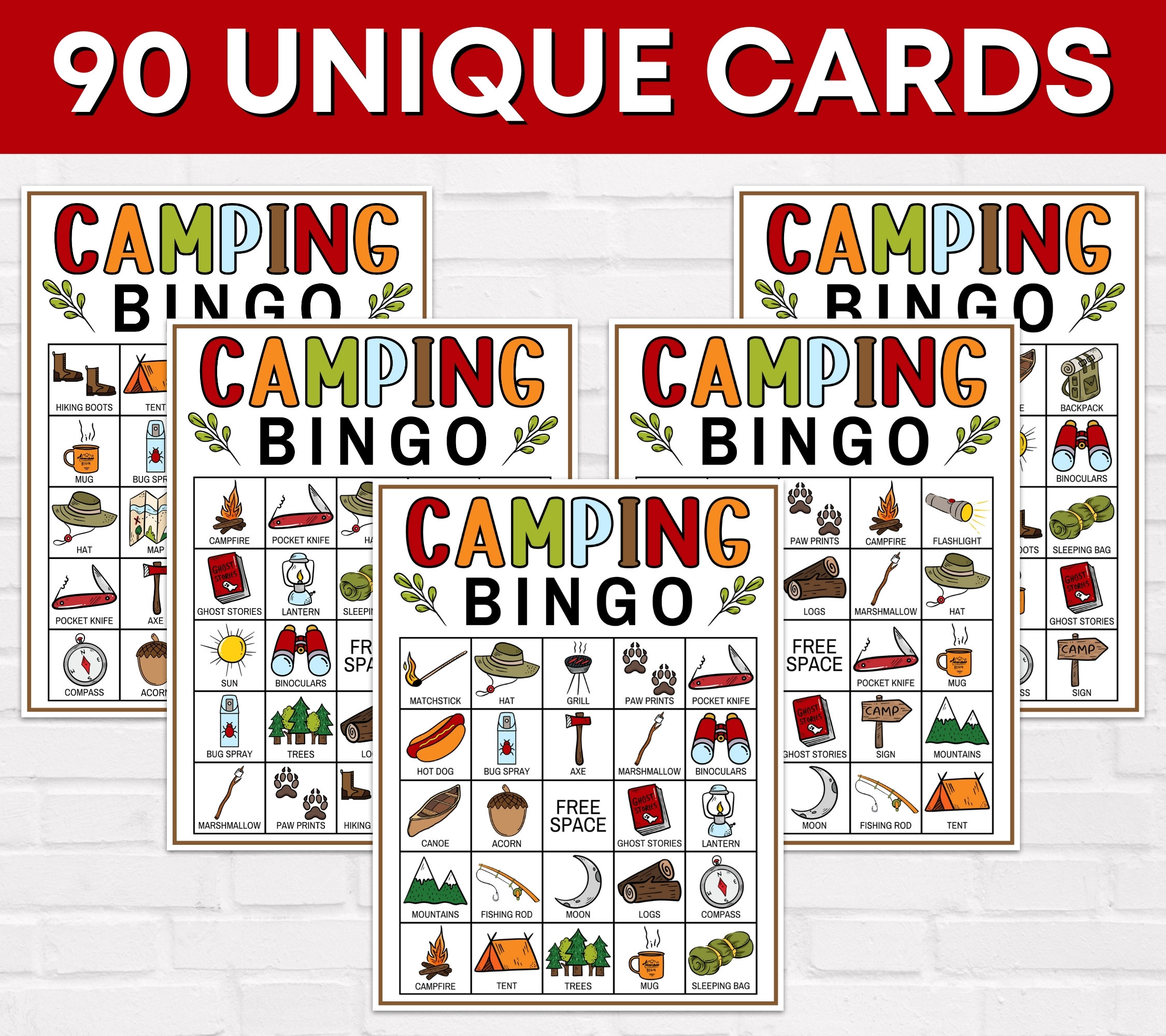 90 Camping Bingo Cards Printable Game, Camping Party Bingo Game ...