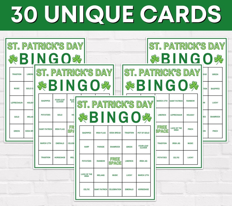 30 St Patricks Day Bingo Cards Game Printable, St Patrick Bingo Boards ...