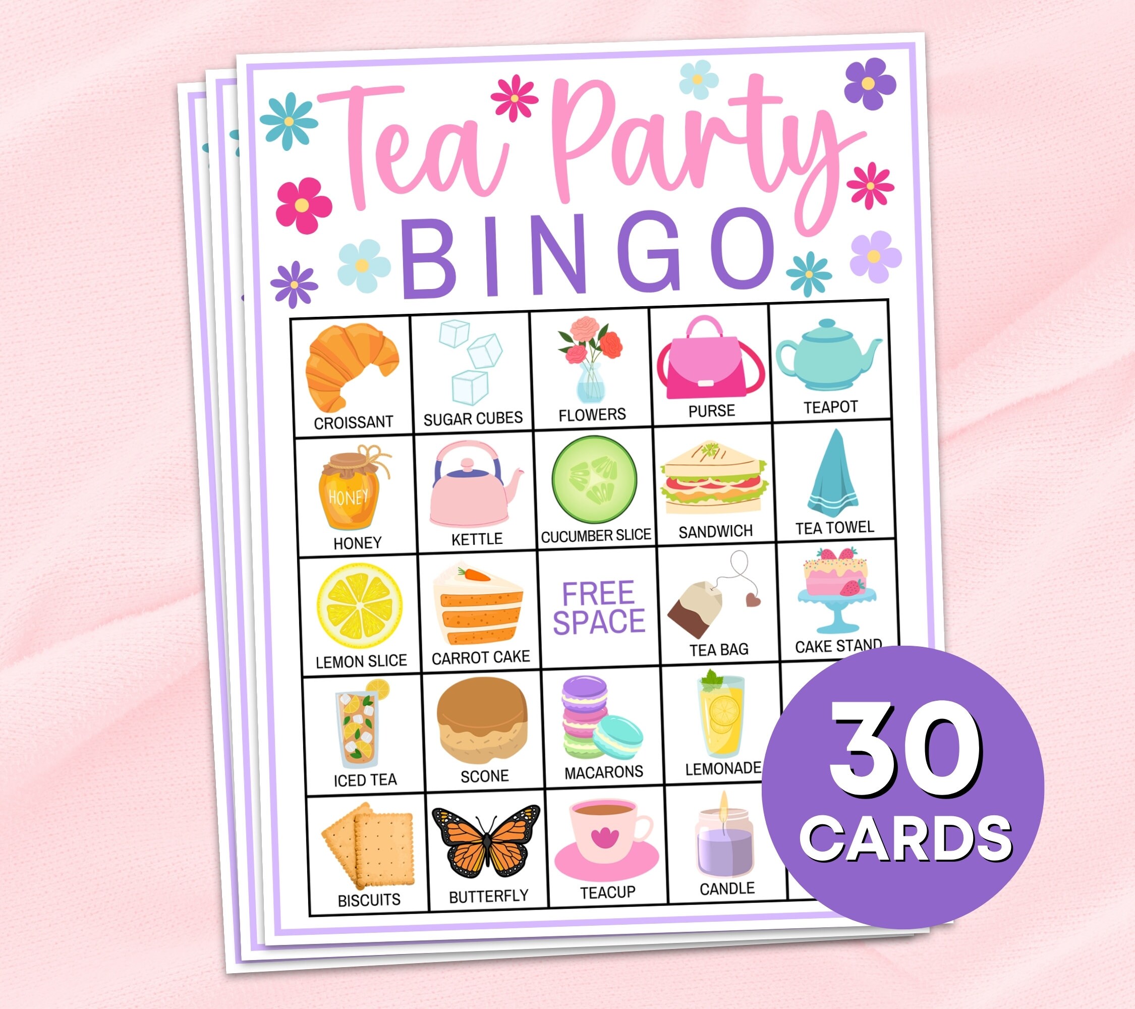 30 Tea Party Bingo Cards Printable Game, Tea Party Bridal Shower Bingo ...