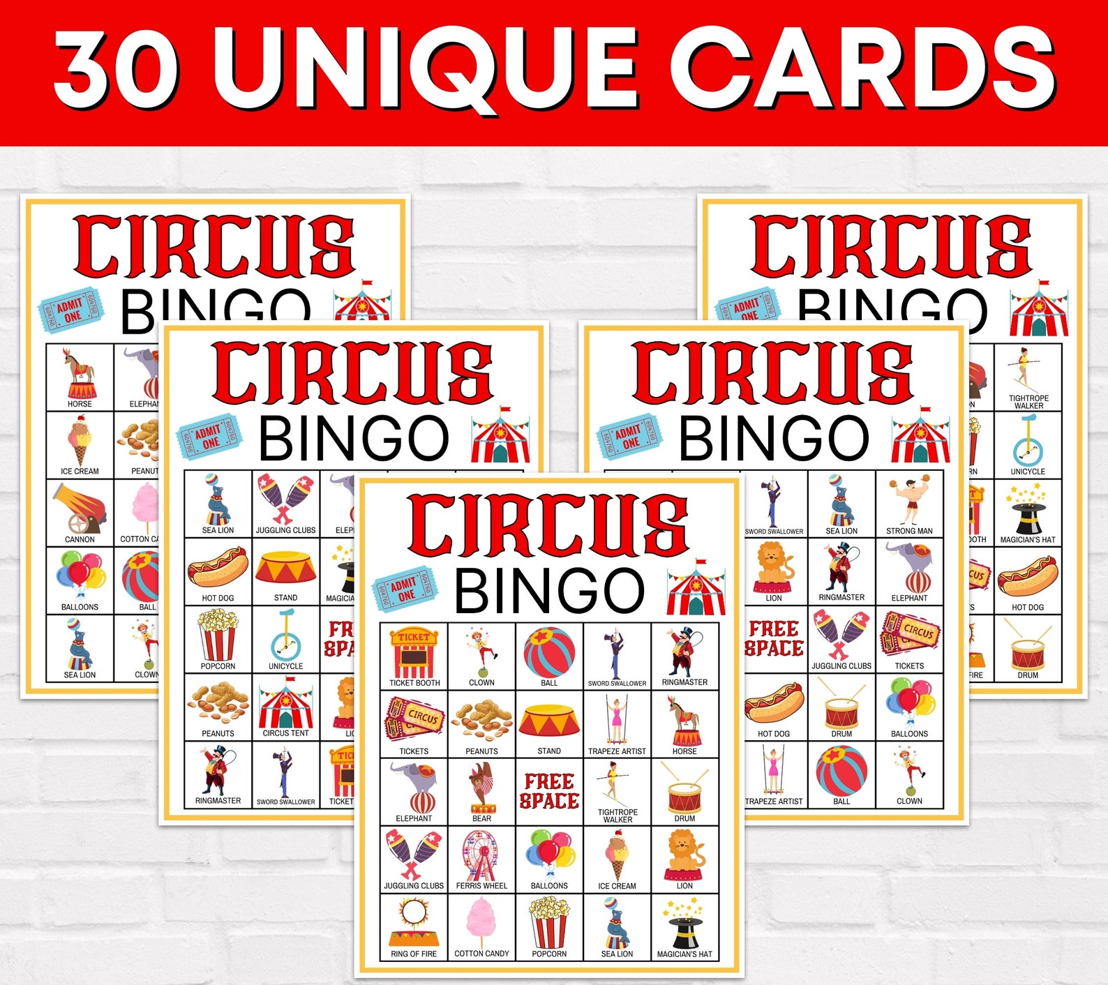 30 Circus Bingo Cards Printable Game, Circus Party Bingo Game Boards ...