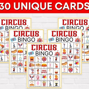 30 Circus Bingo Cards Printable Game, Circus Party Bingo Game Boards ...