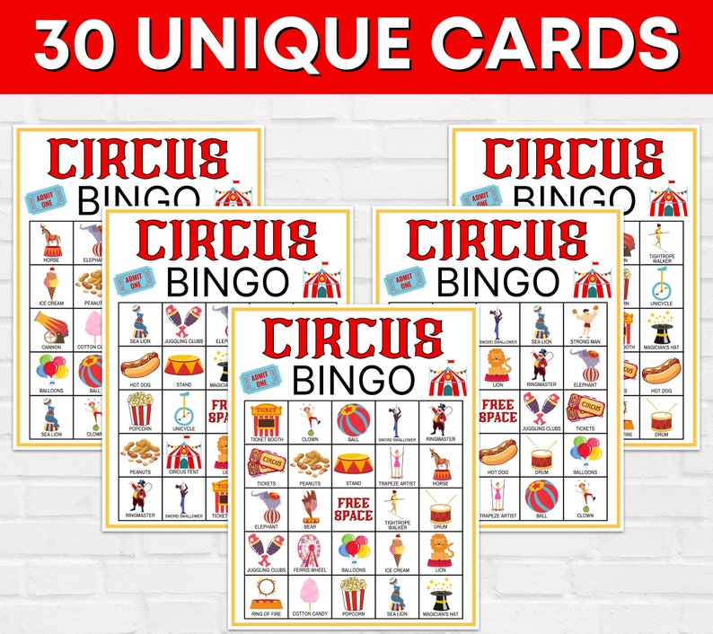 30 Circus Bingo Cards Printable Game, Circus Party Bingo Game Boards ...