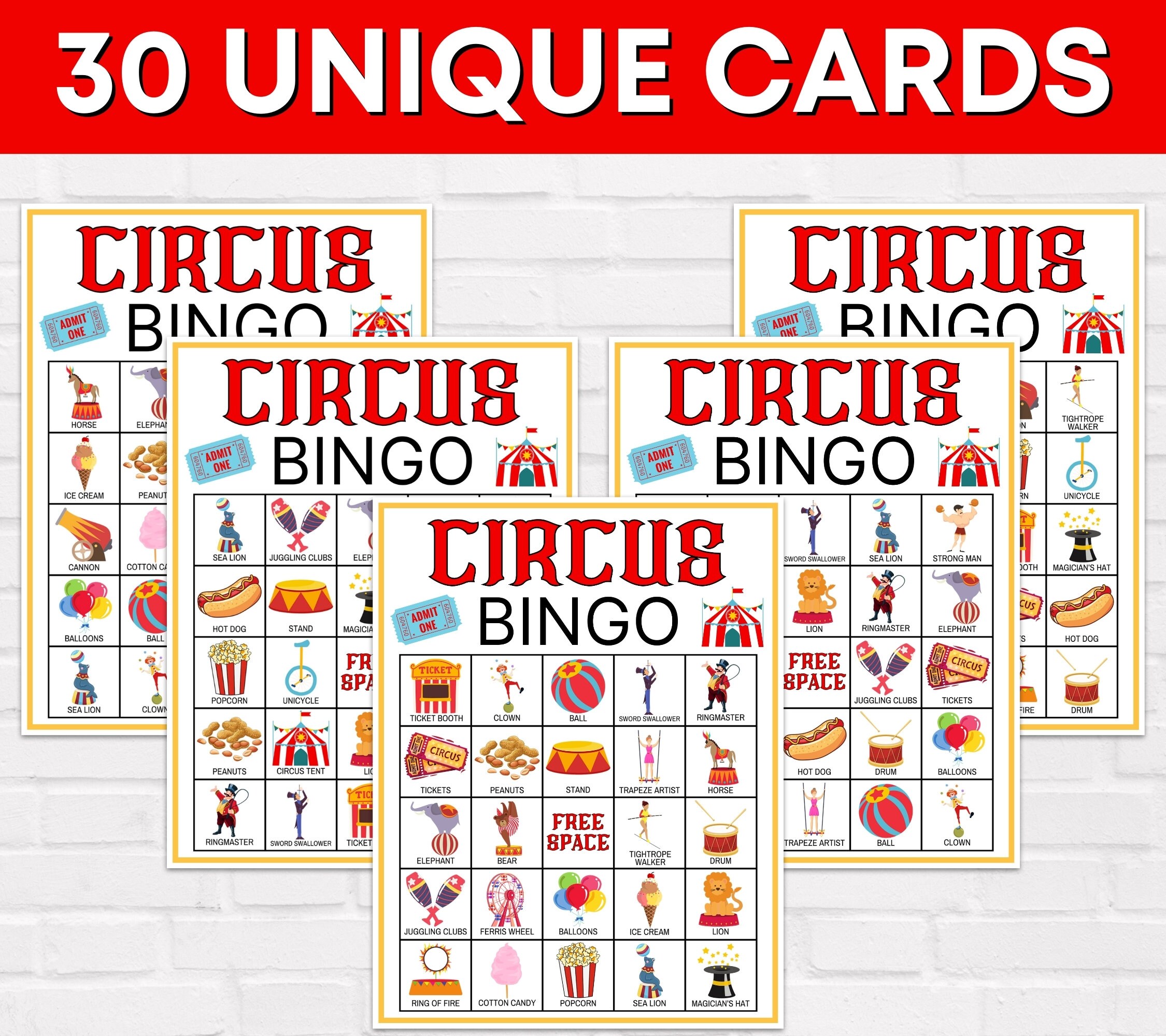 30 Circus Bingo Cards Printable Game, Circus Party Bingo Game Boards ...