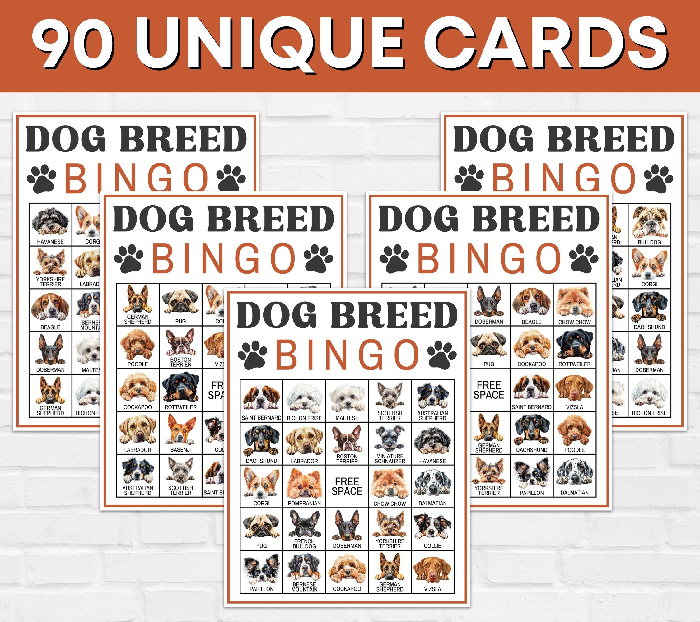90 Dog Breed Bingo Cards Printable Game, Dog Bingo Cards Game, Dog ...