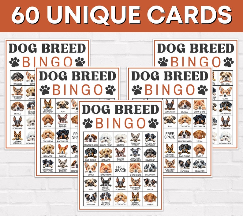 60 Dog Breed Bingo Cards Printable Game, Dog Bingo Cards Game, Dog ...