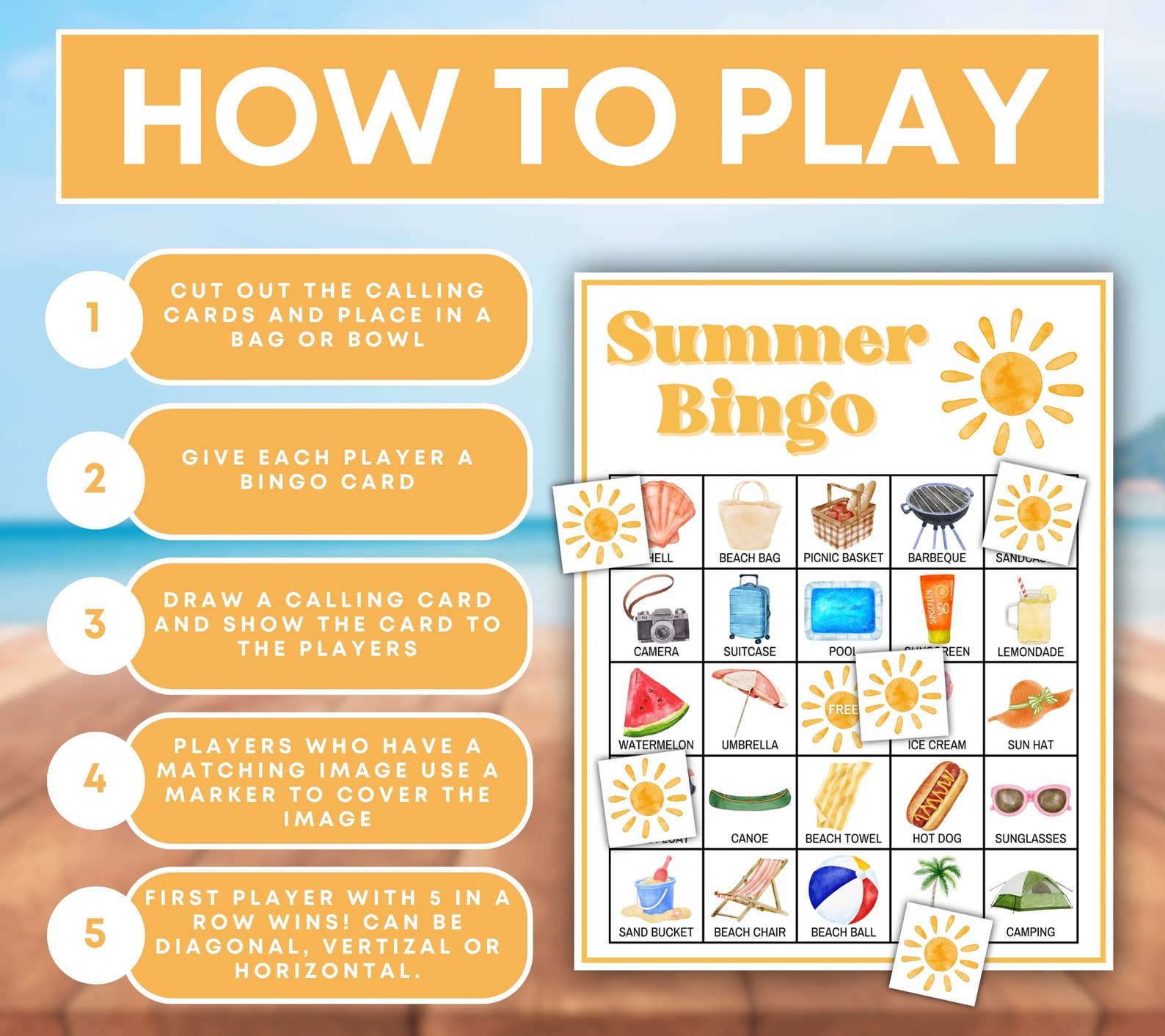 120 Summer Bingo Cards Printable Game, Summer Birthday Party Bingo Game ...
