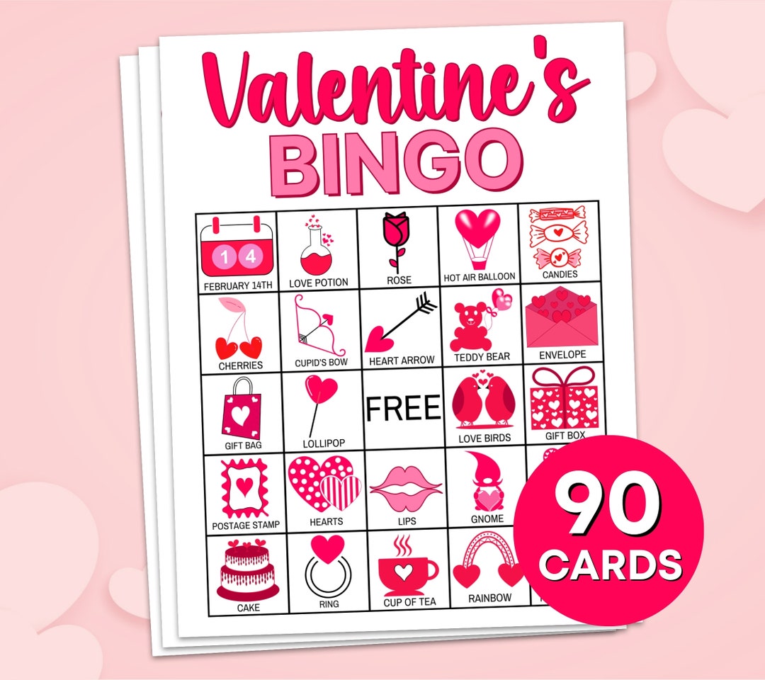 90 Valentines Bingo Game Cards Printable, Valentine's Day Bingo Cards ...
