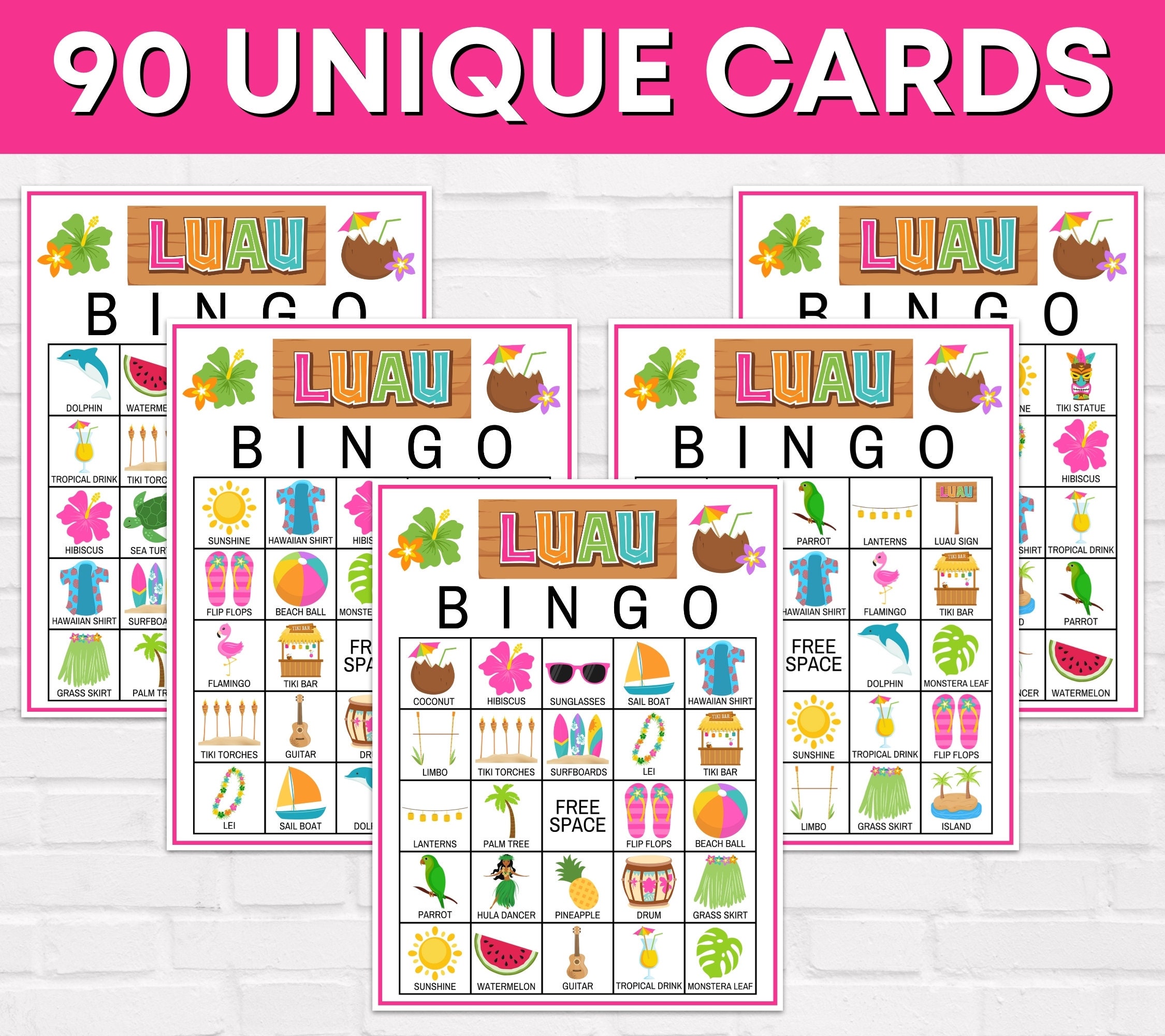 90 Luau Bingo Cards Printable Game, Aloha Hawaiian Birthday Party Bingo ...