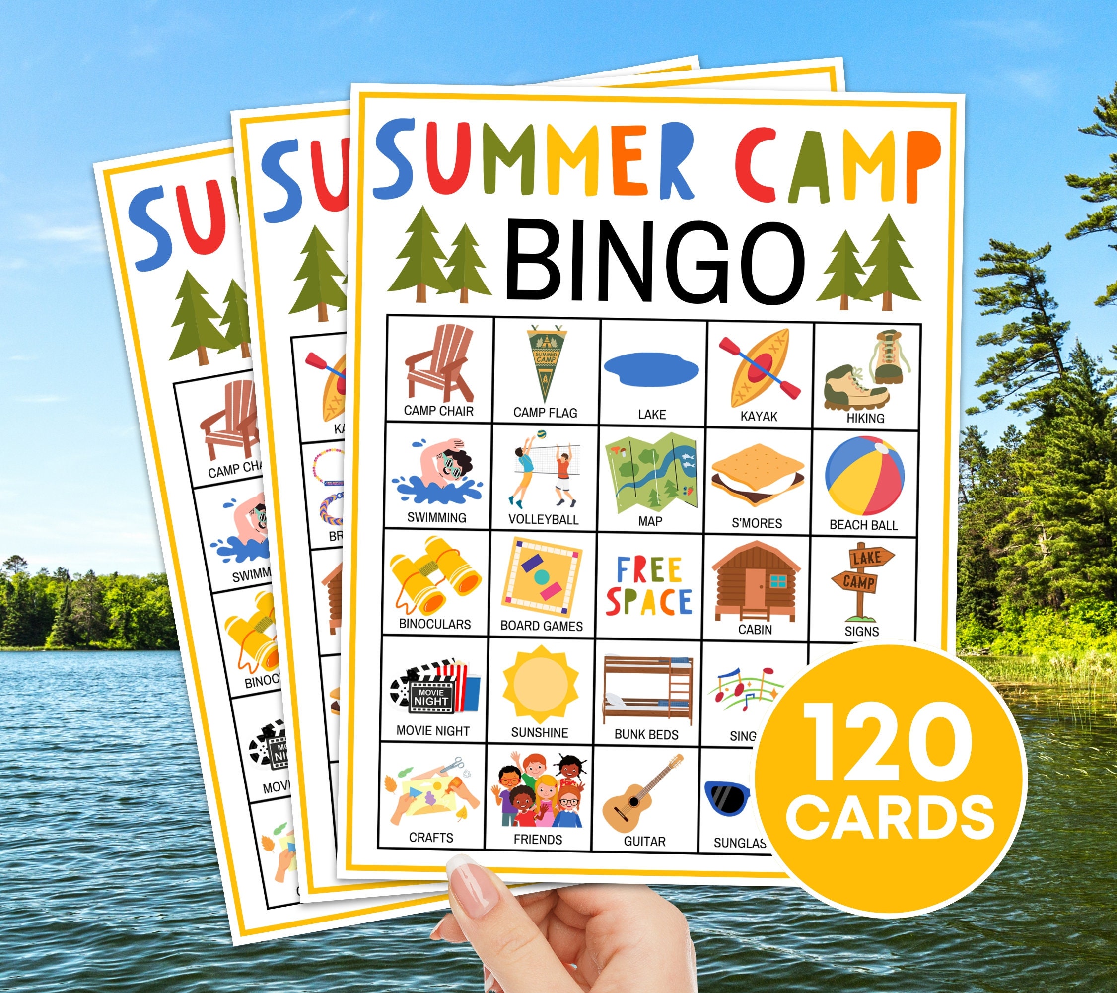 120 Summer Camp Bingo Cards Printable Game, Kids Camping Bingo Game ...