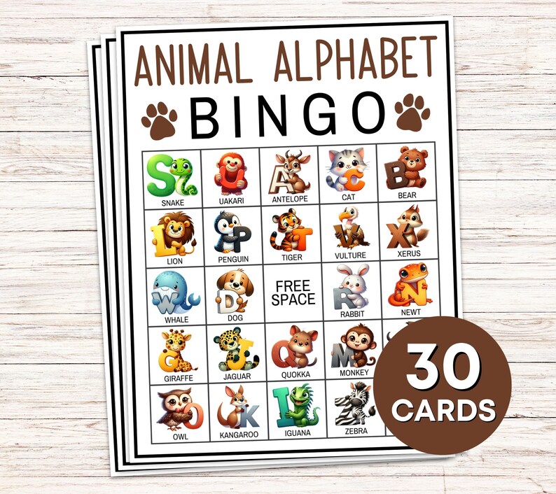 30 Animal Alphabet Bingo Cards Game, Animal Alphabet Bingo Boards for ...