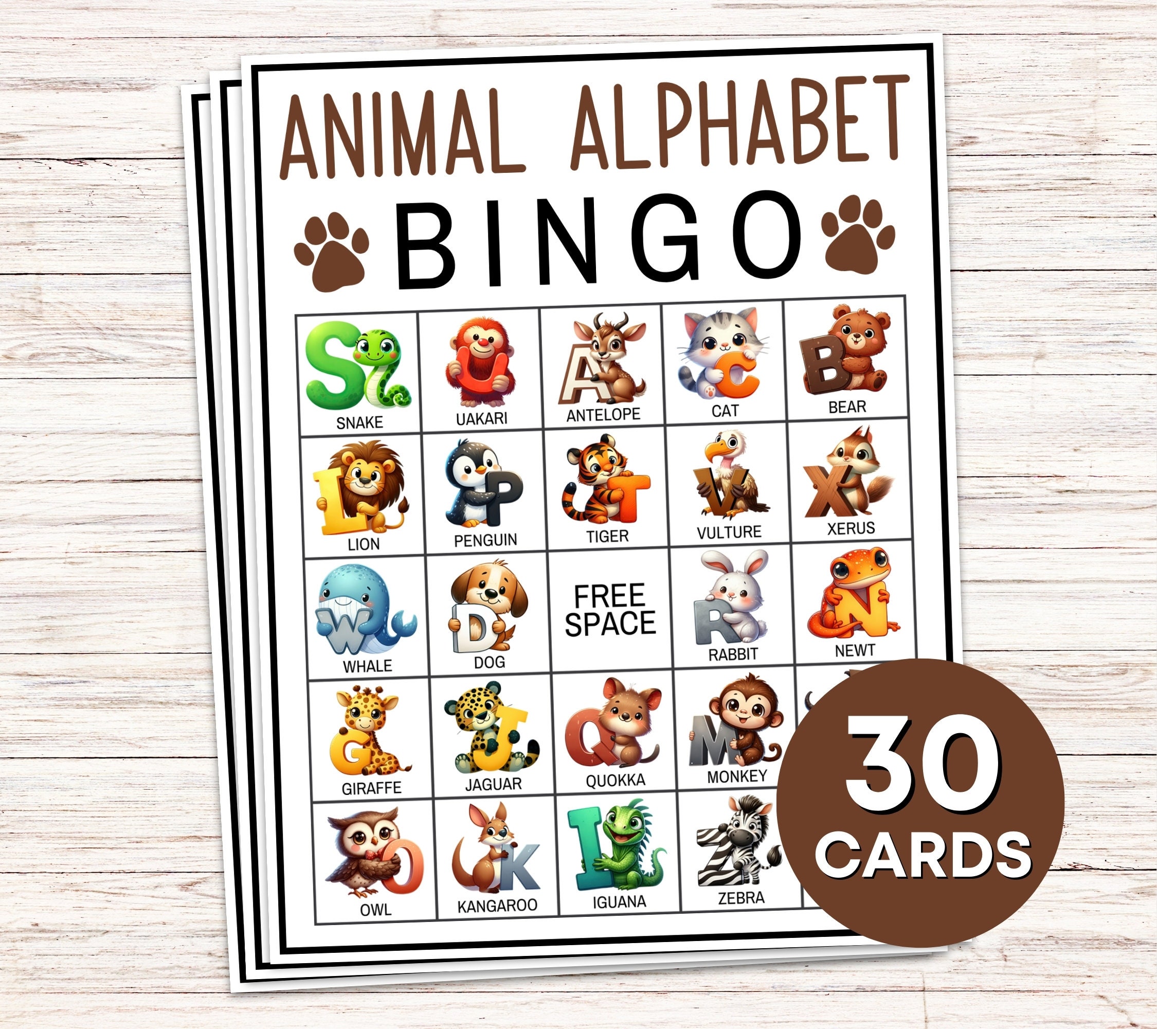 30 Animal Alphabet Bingo Cards Game, Animal Alphabet Bingo Boards for ...