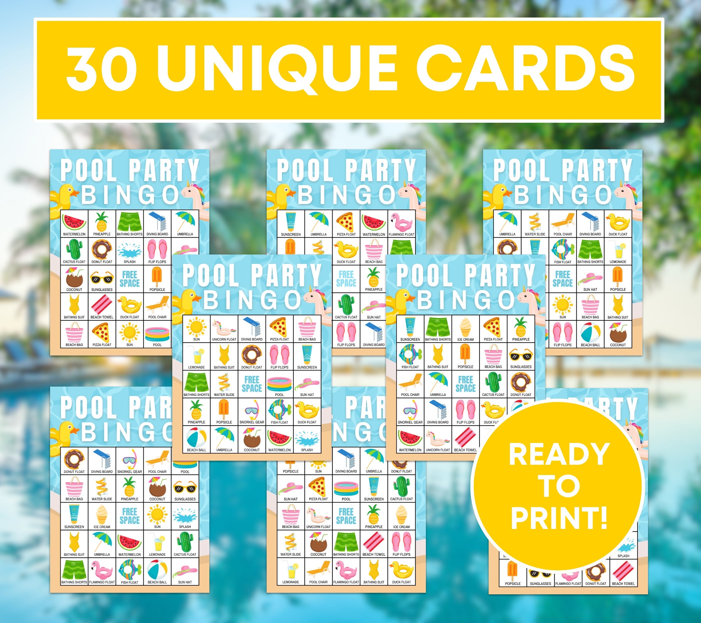 30 Pool Party Bingo Cards Printable Game, Summer Pool Party Birthday ...