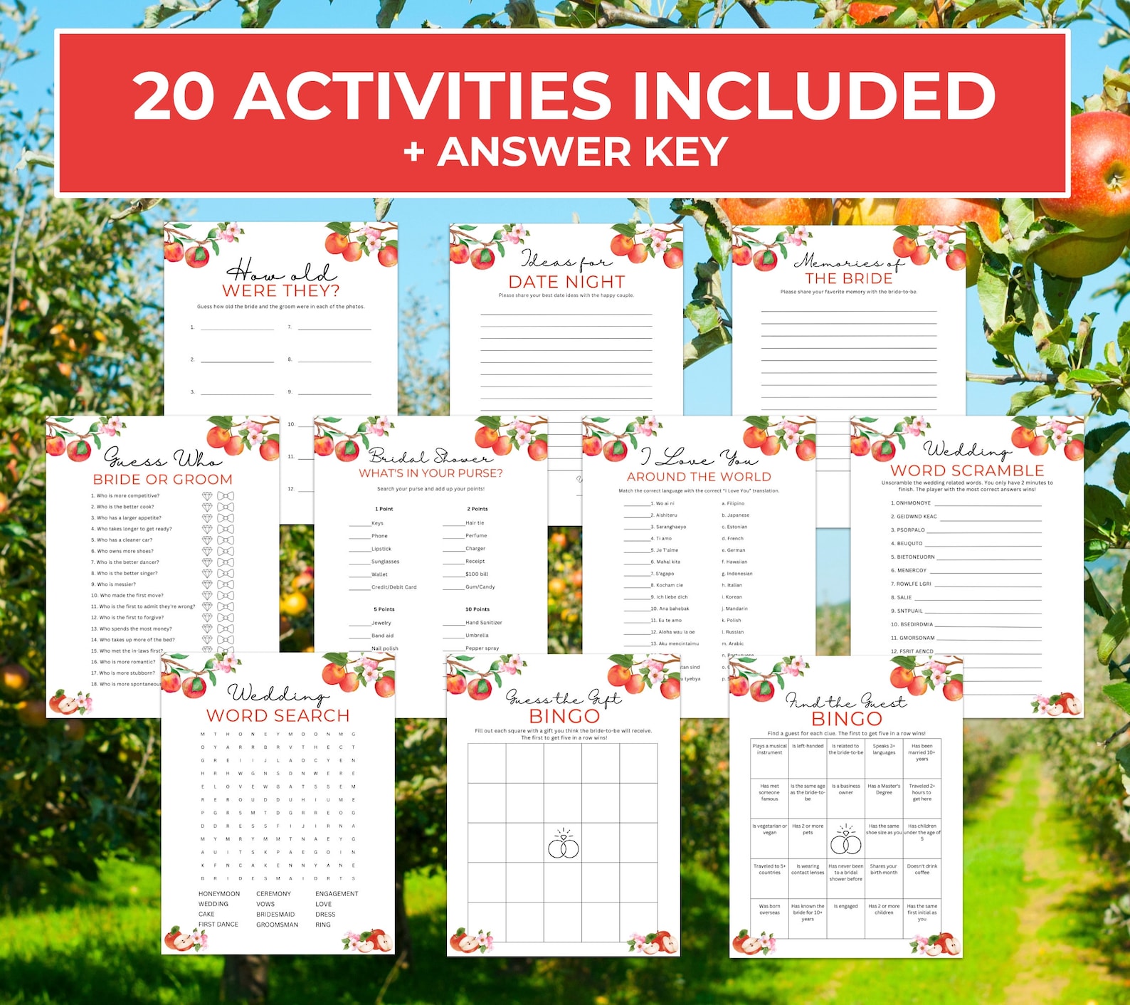 Apple Bridal Shower Games Printable Bundle, Apples Fruit Bridal Shower ...