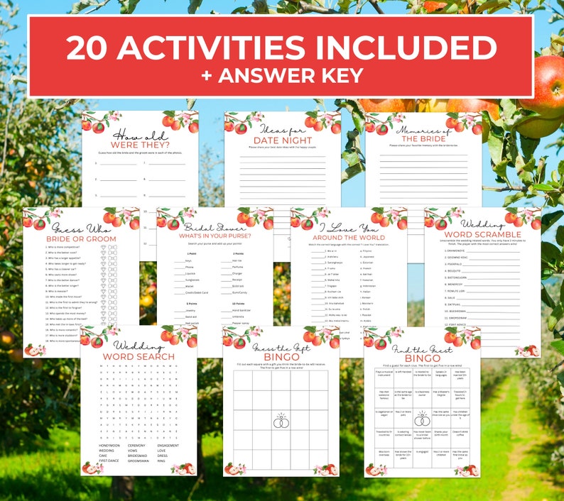 Apple Bridal Shower Games Printable Bundle, Apples Fruit Bridal Shower ...