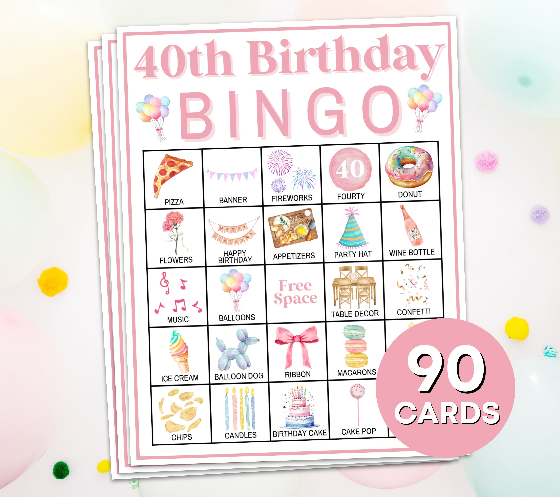 90 40th Birthday Bingo Cards Printable Game, 40th Birthday Party Bingo ...