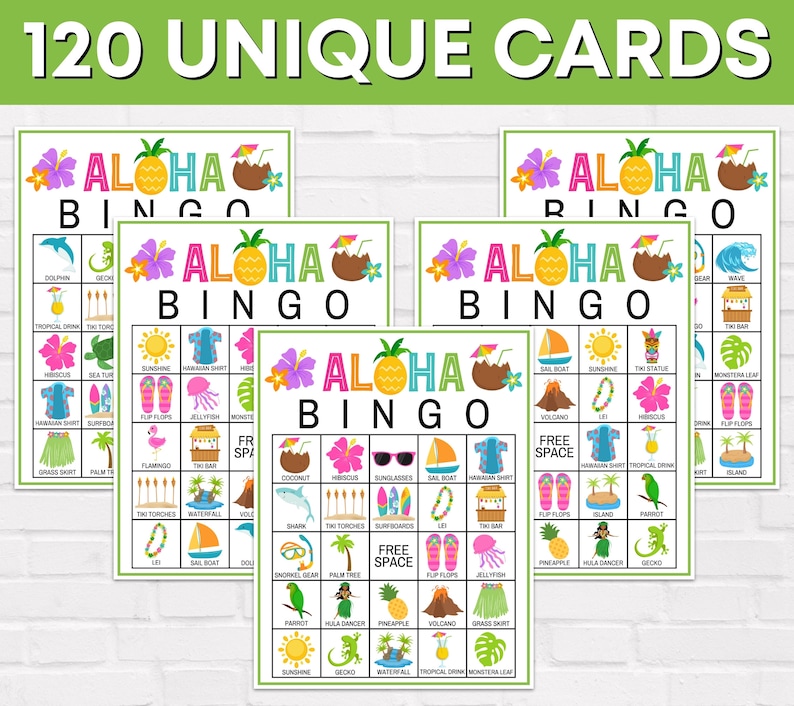 120 Aloha Bingo Cards Printable Game, Luau Hawaiian Birthday Party ...