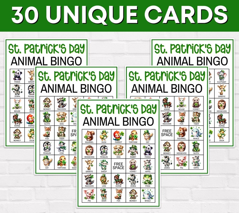 30 St Patricks Day Animal Bingo Cards Game Printable, St Patricks ...