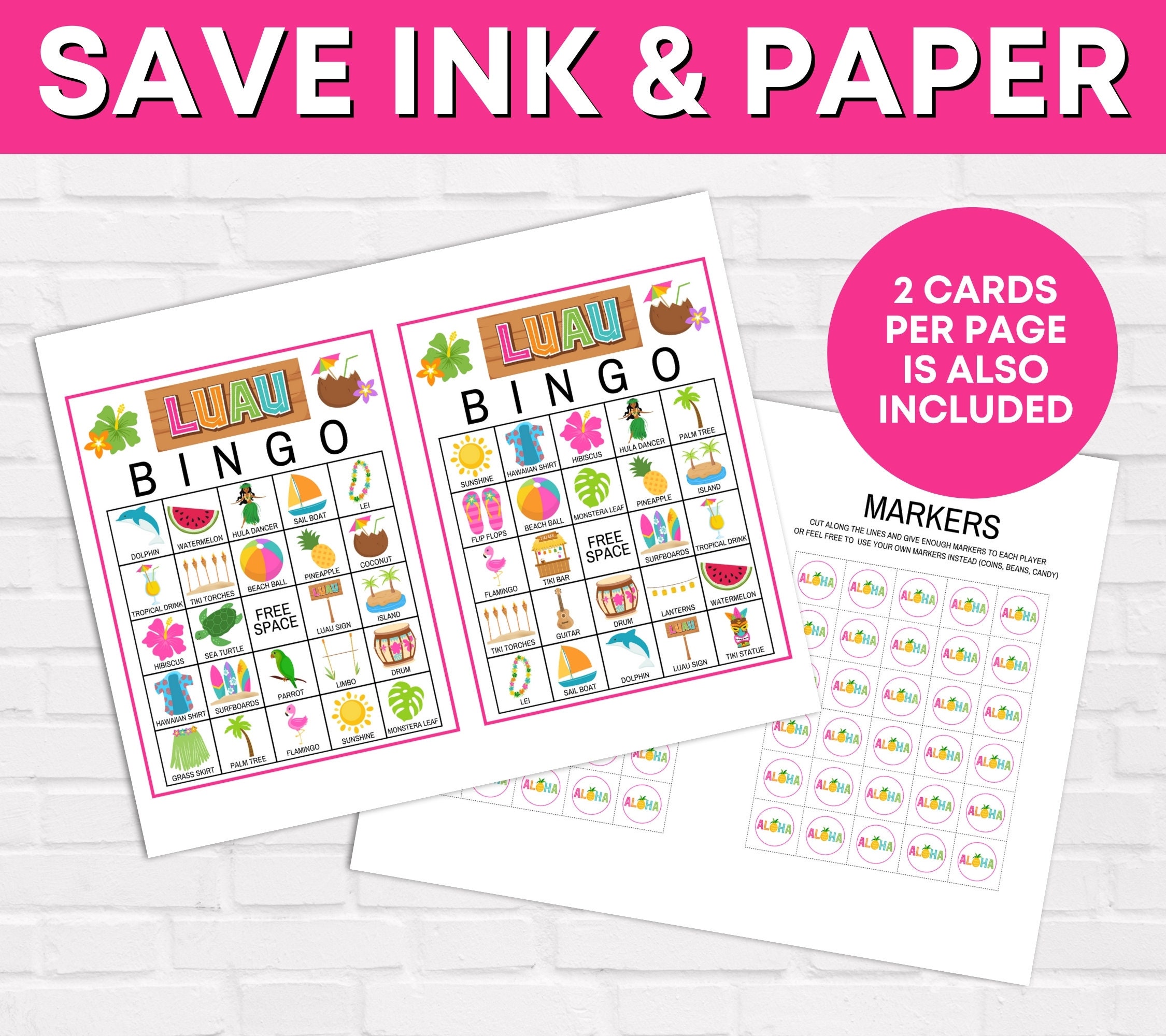 90 Luau Bingo Cards Printable Game, Aloha Hawaiian Birthday Party Bingo ...