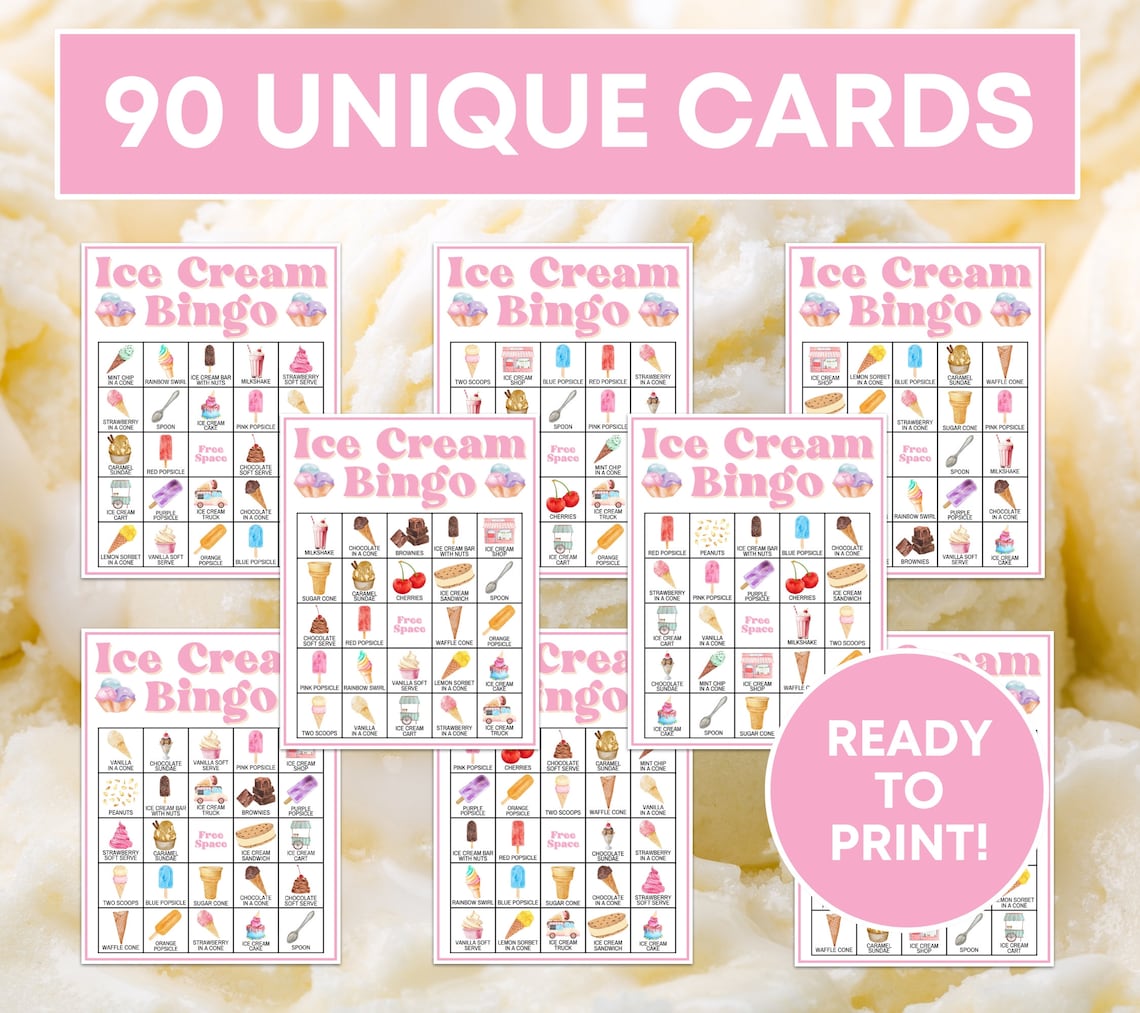 90 Ice Cream Bingo Cards Printable Game, Ice Cream Birthday Party Bingo ...