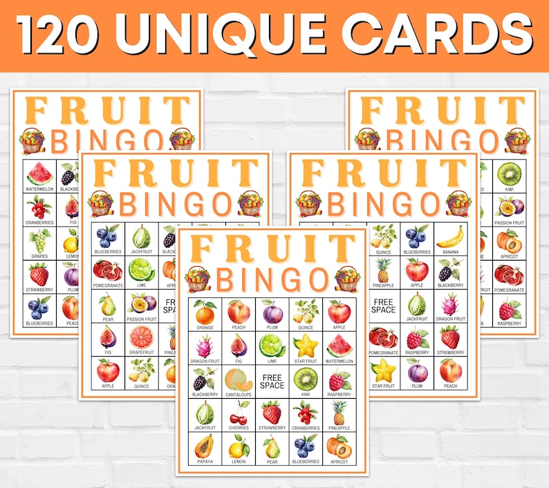 120 Fruit Bingo Cards Printable Game, Fruit Bingo Boards Game, Fruit ...