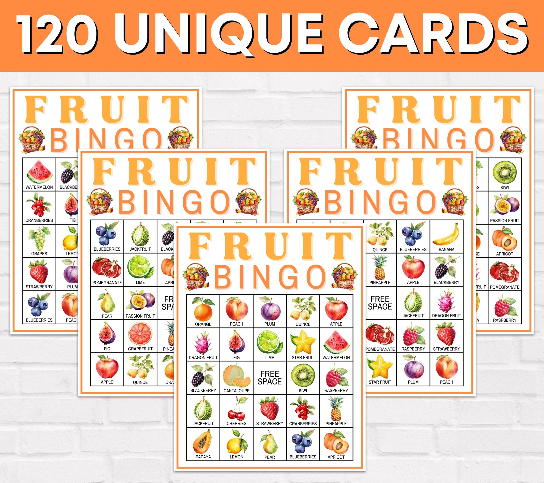 120 Fruit Bingo Cards Printable Game, Fruit Bingo Boards Game, Fruit ...