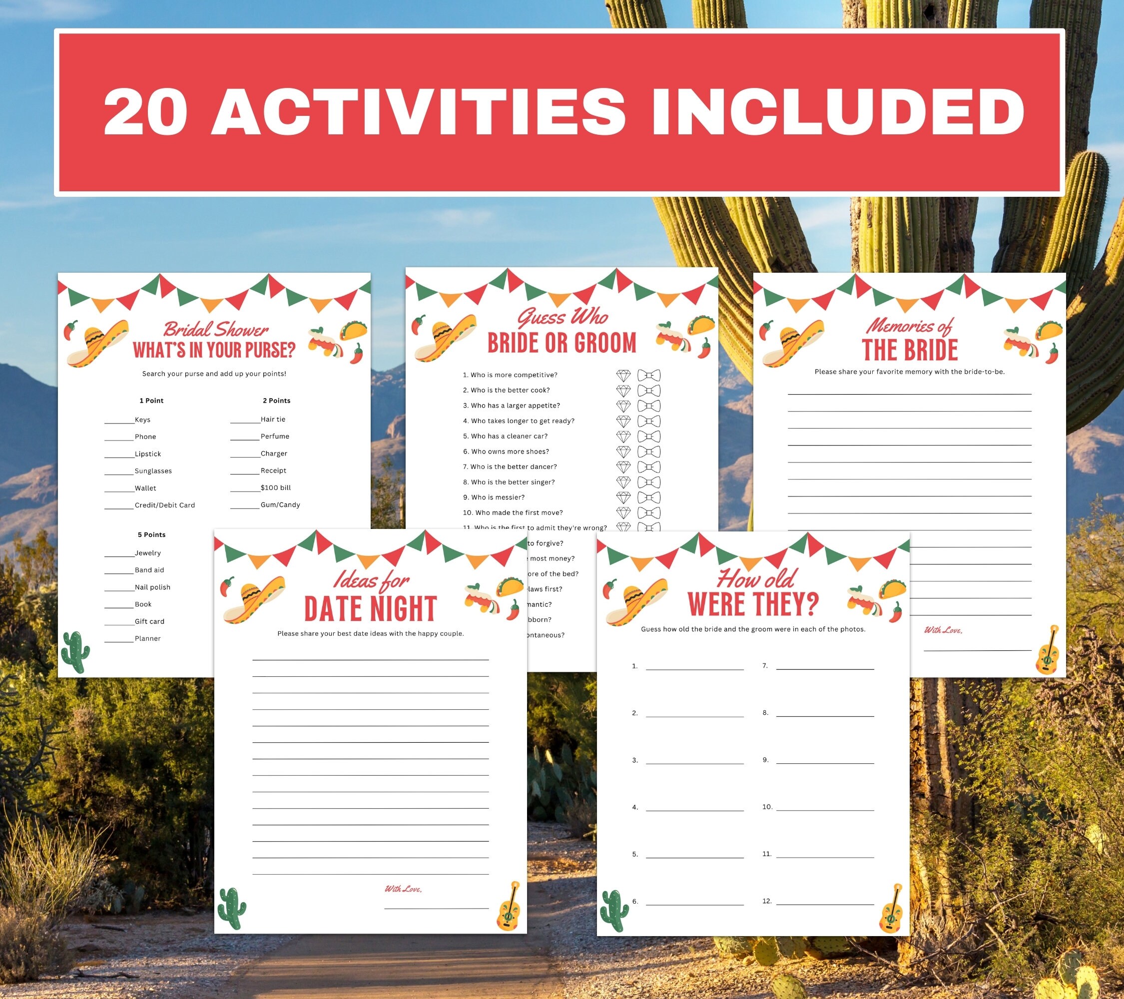 Fiesta Bridal Shower Games Printable Bundle, Cactus Mexican Bridal ...