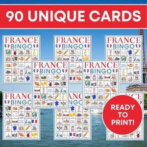 90 France Bingo Cards Printable Game, Paris France Travel Bingo Boards ...