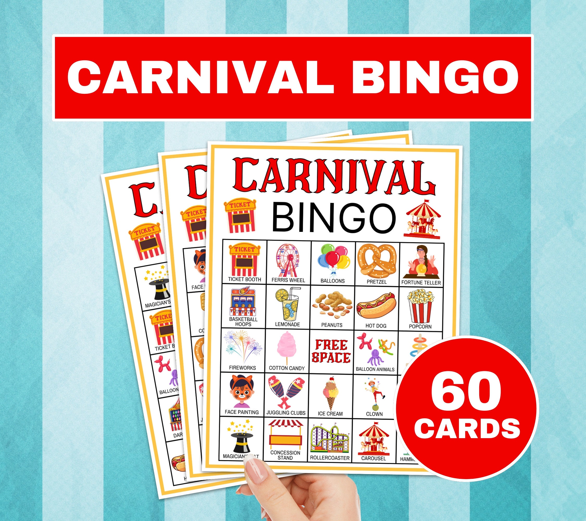 60 Carnival Bingo Cards Printable Game, Carnival Party Bingo Boards ...
