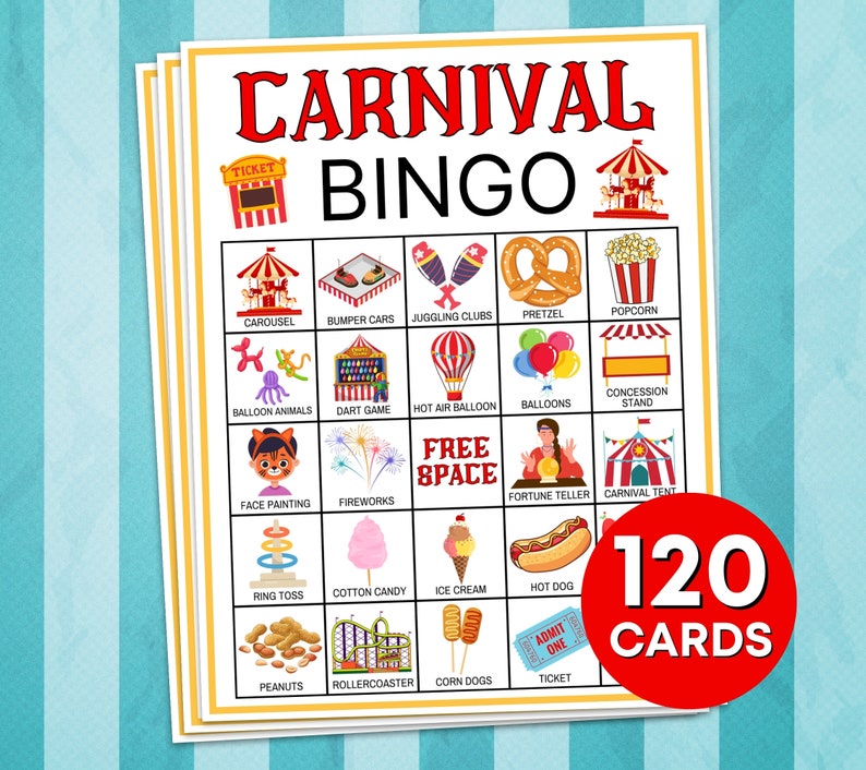 120 Carnival Bingo Cards Printable Game, Carnival Party Bingo Boards ...
