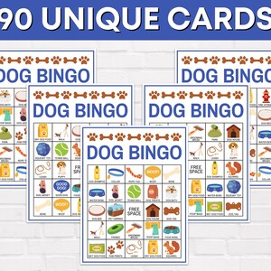 90 Dog Bingo Cards Printable Game, Puppy Dog Bingo Cards Game, Dog ...