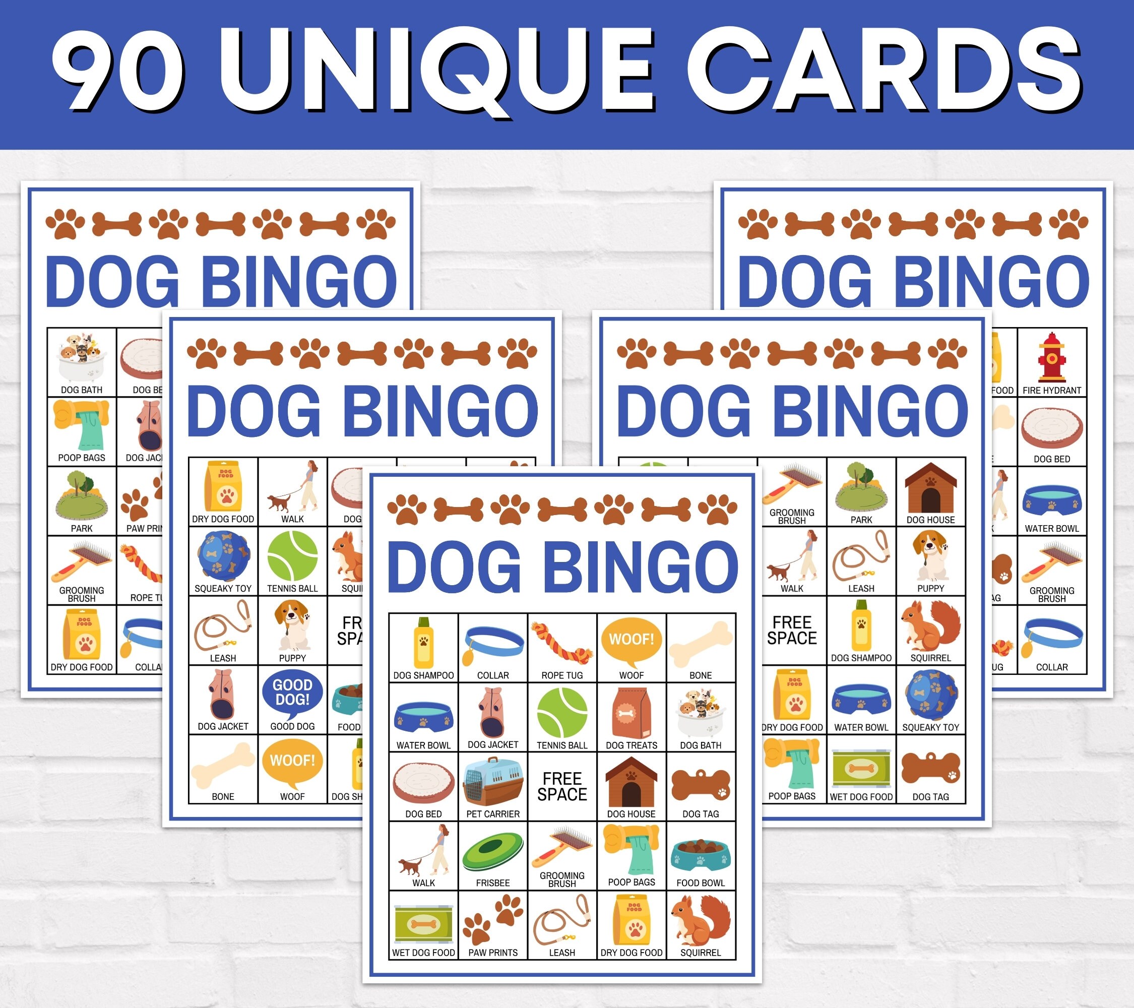 90 Dog Bingo Cards Printable Game, Puppy Dog Bingo Cards Game, Dog ...