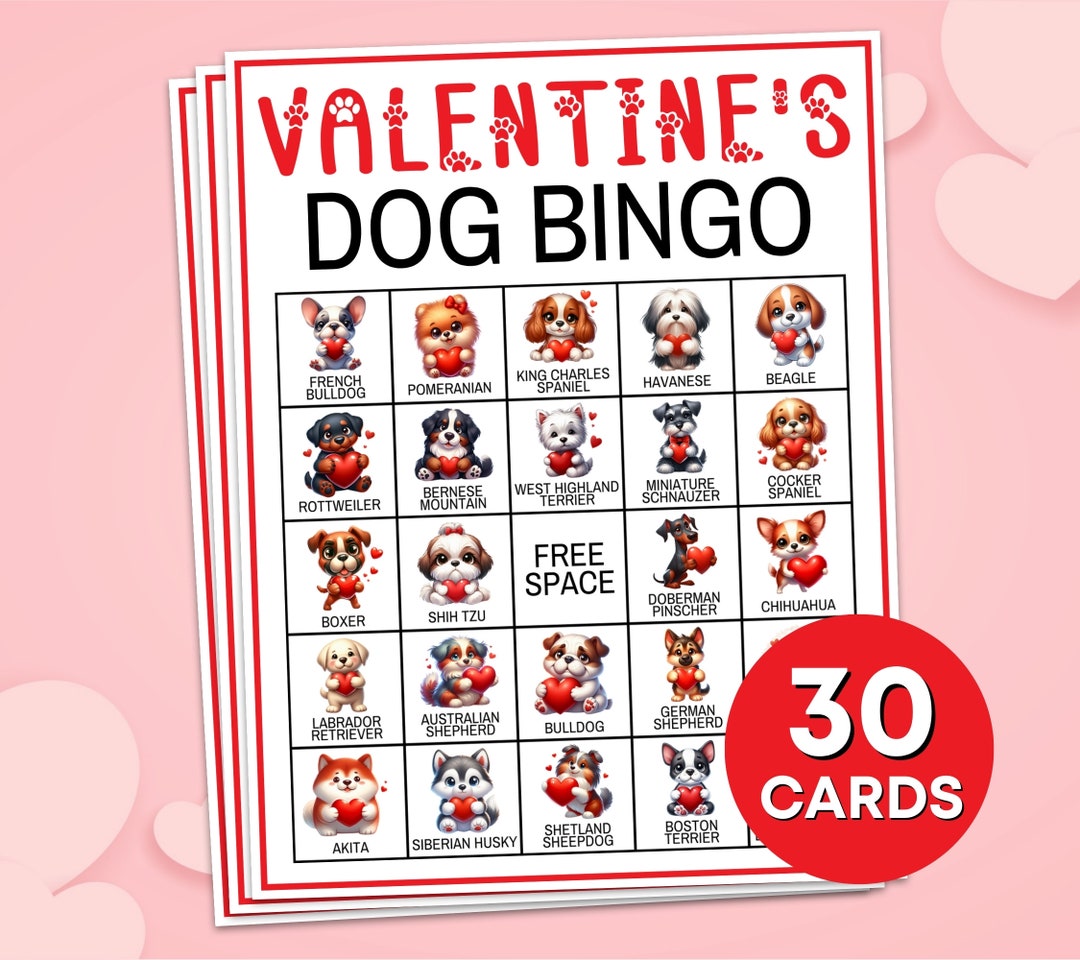 30 Valentines Dog Bingo Cards Printable Game, Valentines Dog Breeds ...