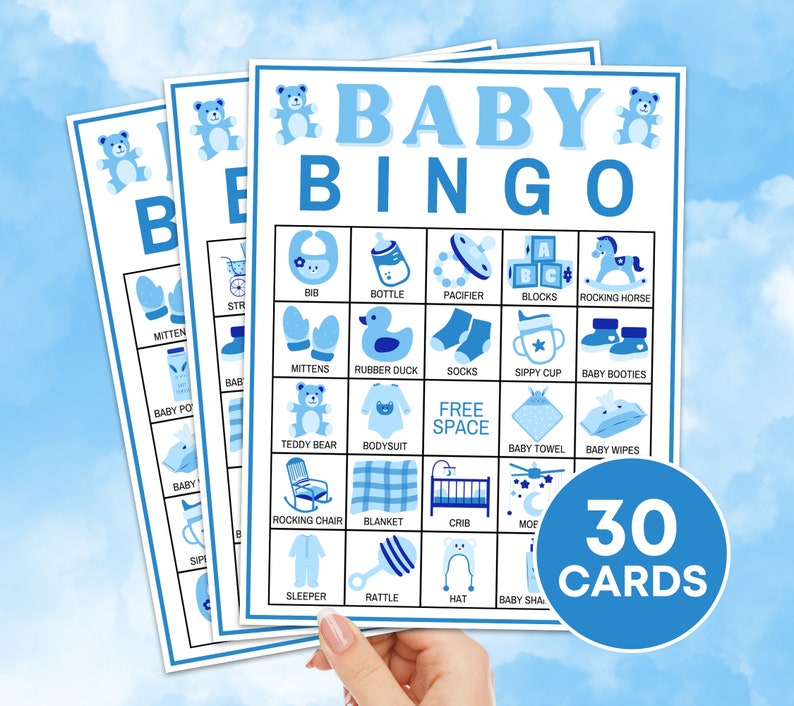 30 Baby Bingo Cards Printable Game, Baby Boy Shower Bingo Game Boards ...