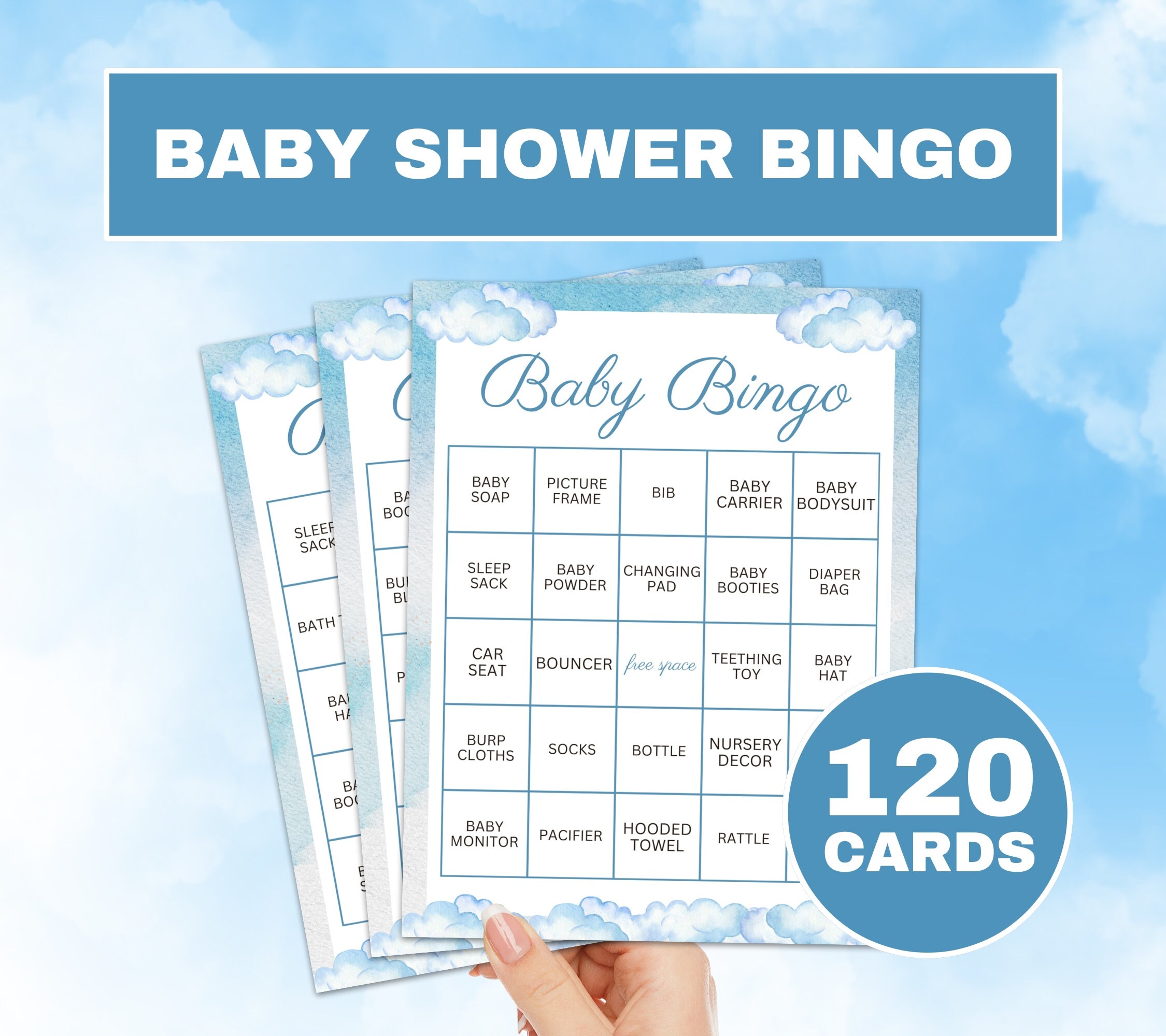120 Clouds Baby Shower Bingo Cards Printable Game, Blue Clouds Baby Boy ...