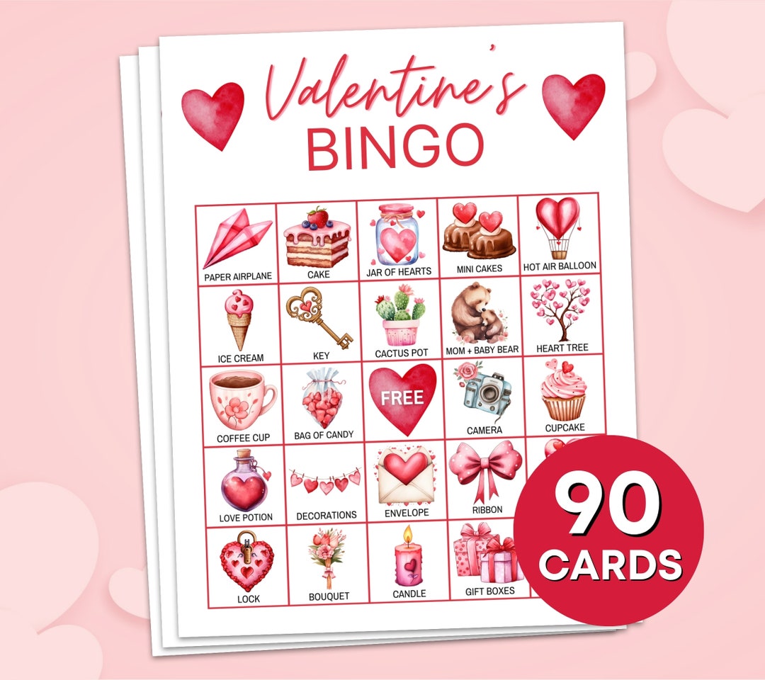 90 Valentines Bingo Game Cards Printable, Valentine's Day Bingo Cards ...