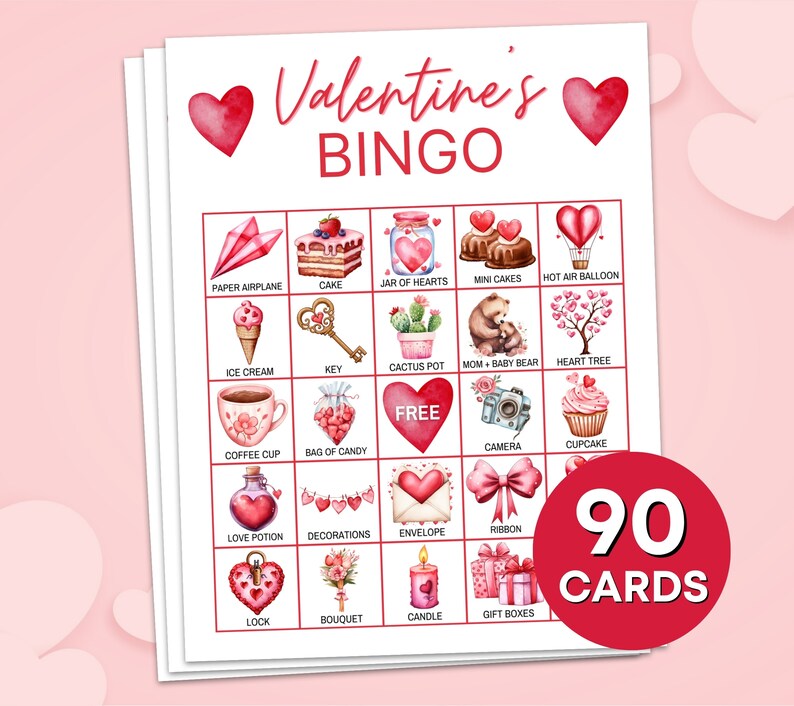 90 Valentines Bingo Game Cards Printable, Valentine's Day Bingo Cards ...