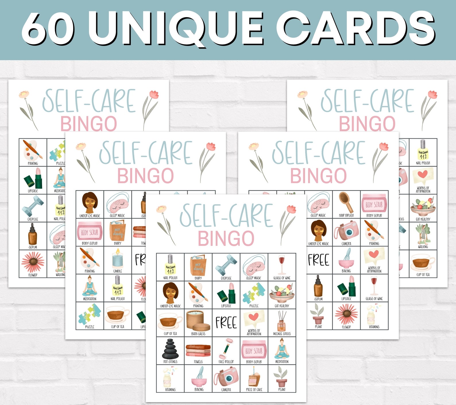 60 Self Care Bingo Game Cards Printable, Selfcare Spa Day Bingo Boards ...