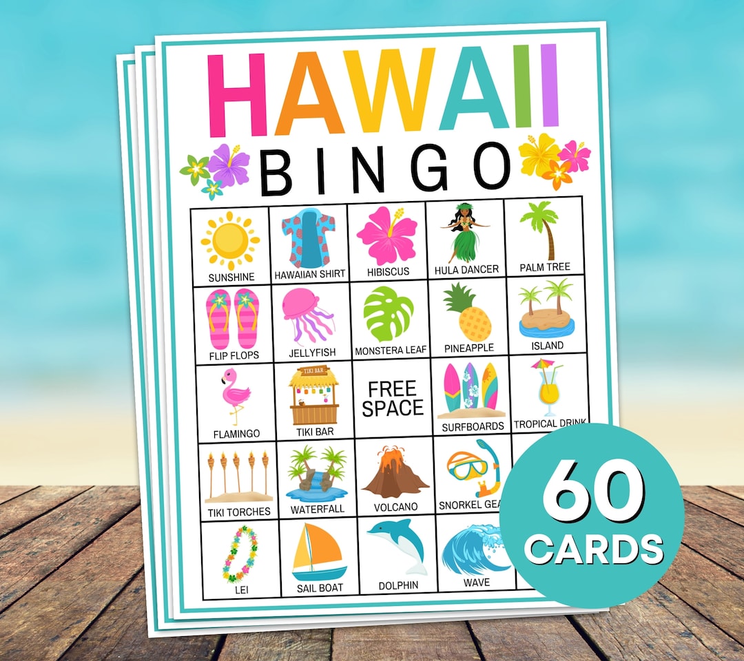 60 Hawaii Bingo Cards Printable Game, Luau Aloha Hawaiian Birthday ...