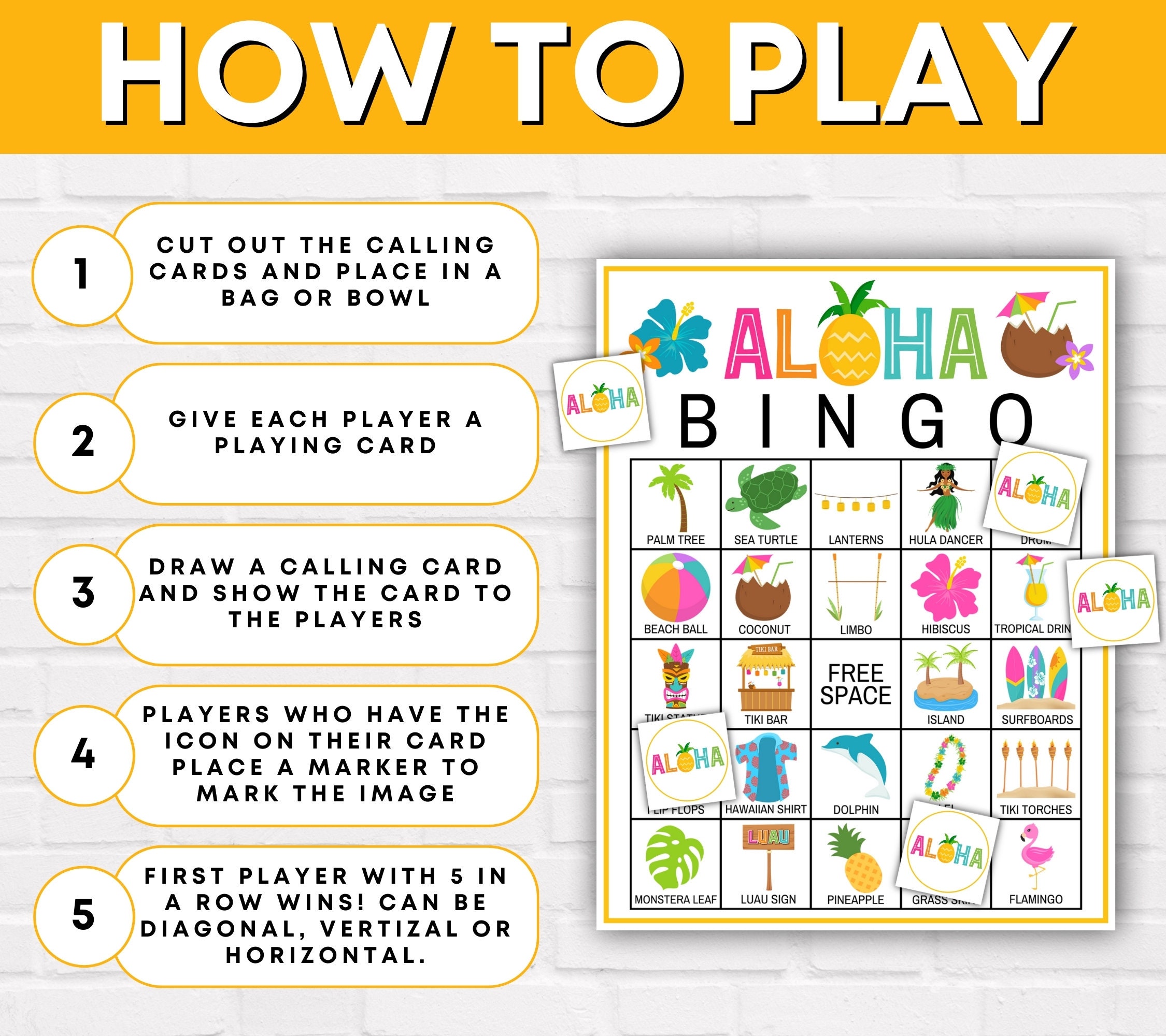 60 Aloha Bingo Cards Printable Game, Luau Hawaiian Birthday Party Bingo ...