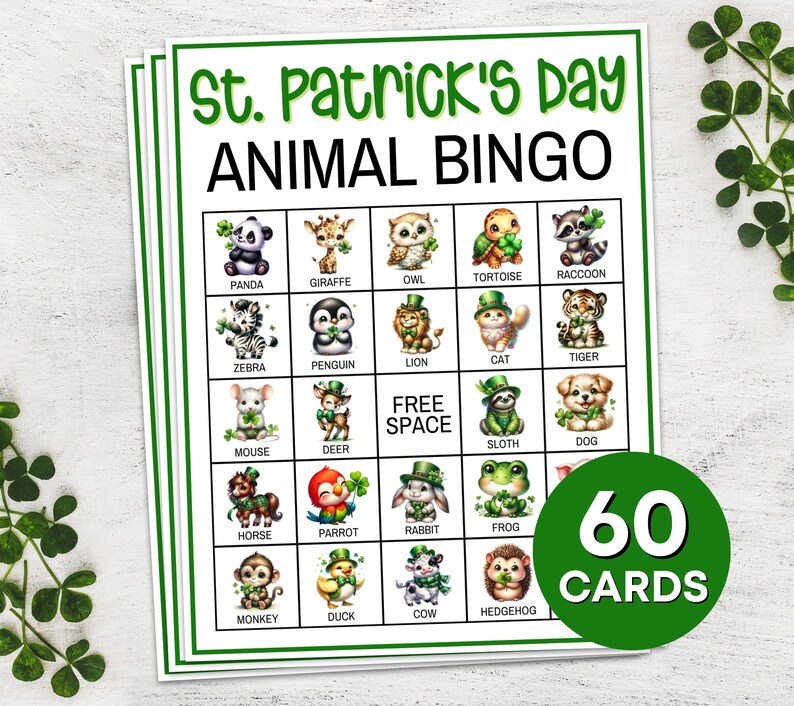 60 St Patricks Day Animal Bingo Cards Game Printable, St Patricks ...