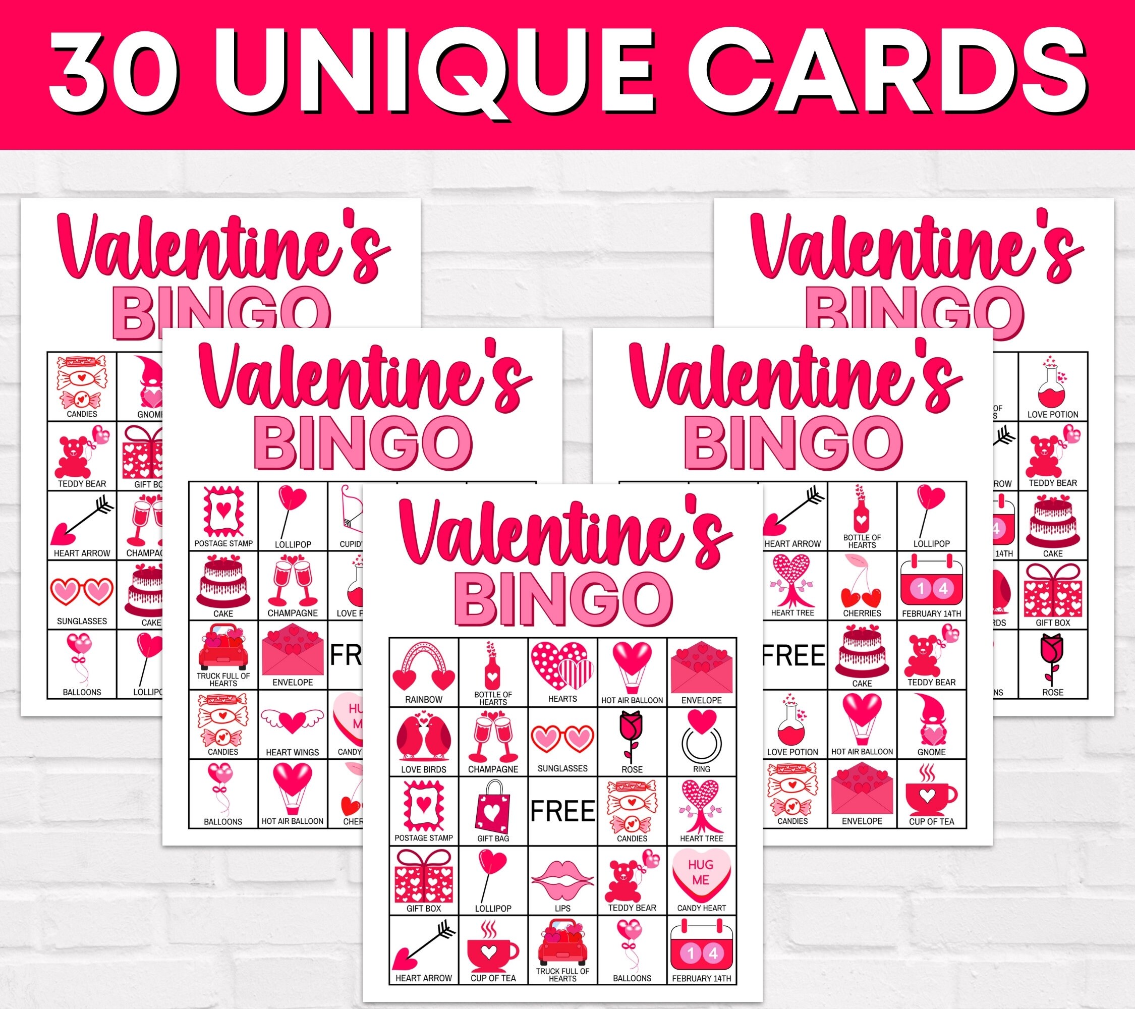 30 Valentines Bingo Game Cards Printable, Valentine's Day Bingo Cards ...