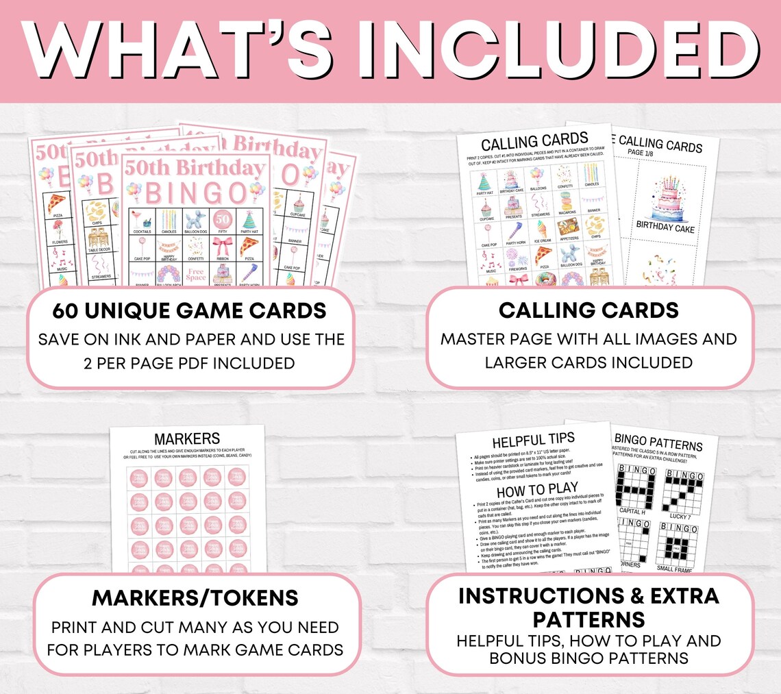 60 50th Birthday Bingo Cards Printable Game, 50th Birthday Party Bingo Board Game, Womens ...