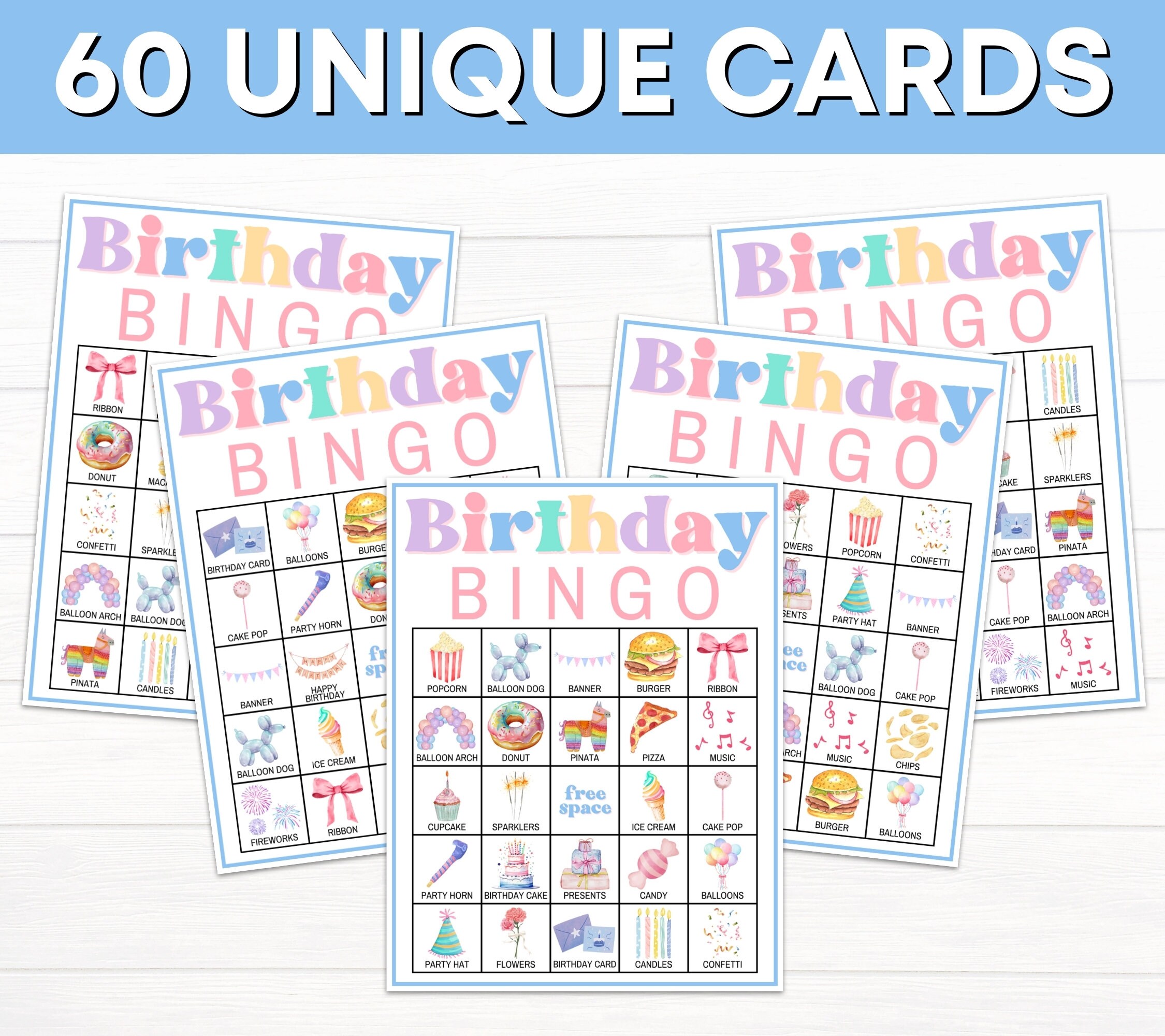 60 Birthday Bingo Cards Printable Game, Pastel Kids Birthday Bingo ...