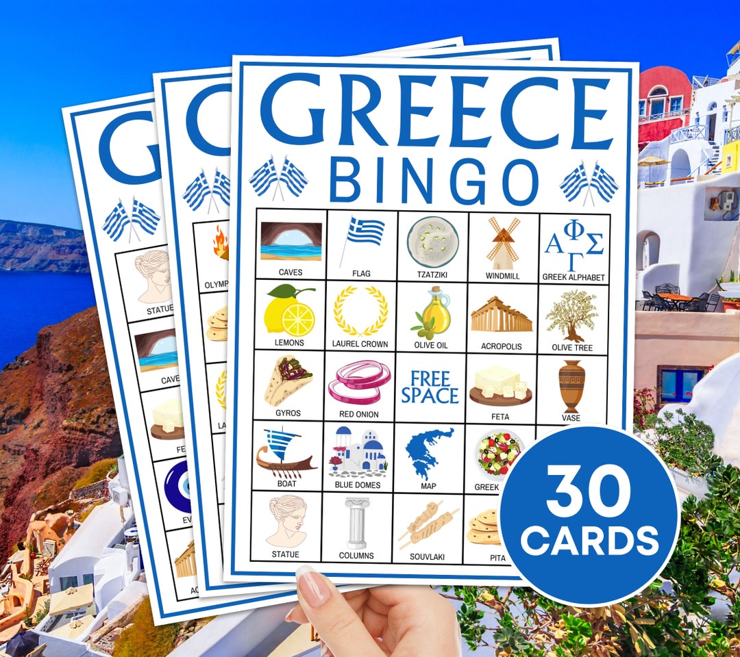 30 Greece Bingo Cards Printable Game, Greece Travel Bingo Boards Game ...
