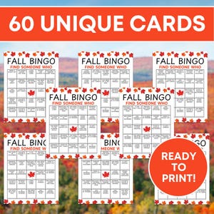 60 Fall Mingle Bingo Cards Printable Game, Fall Autumn Find Someone Who ...