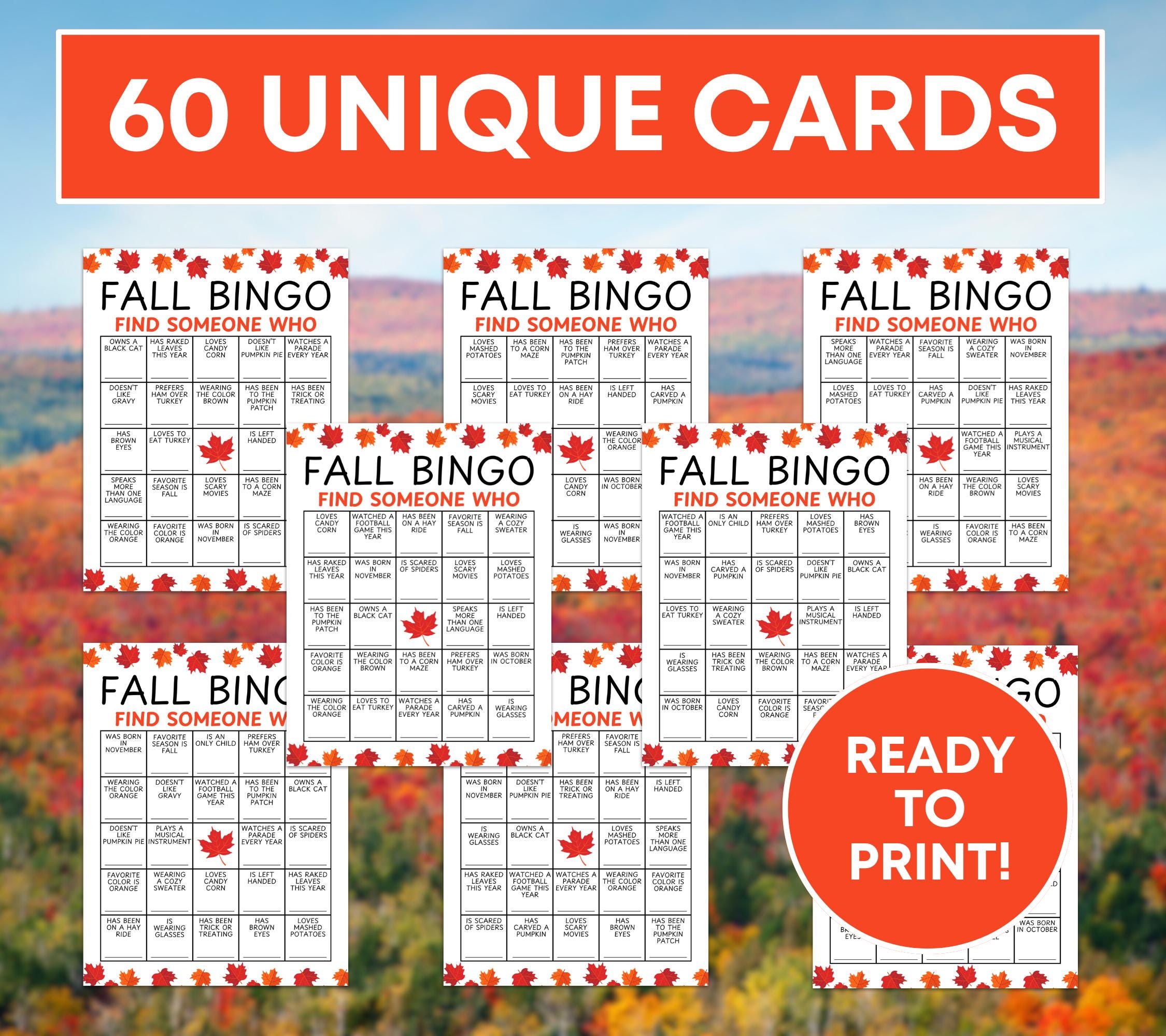 60 Fall Mingle Bingo Cards Printable Game, Fall Autumn Find Someone Who ...